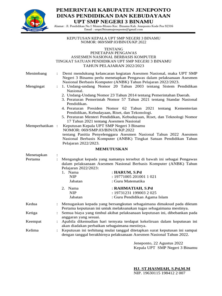 SK Pengawas Anbk SMP 3 | PDF