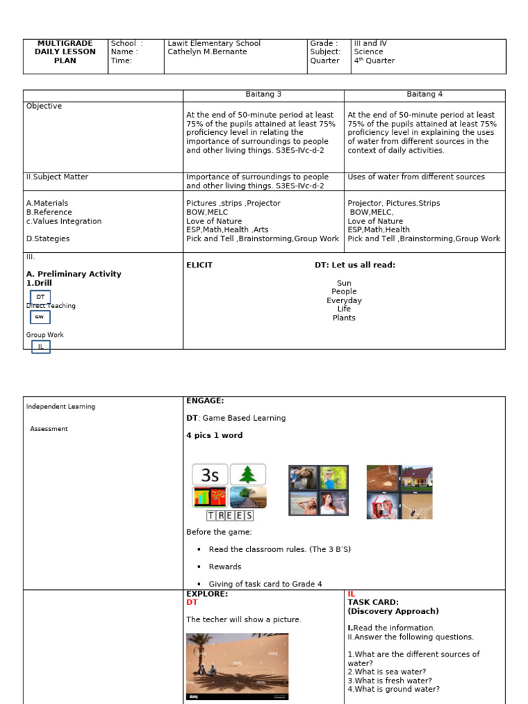 Multigrade Daily Lesson Plan Science Week 2 | PDF | Water | Groundwater