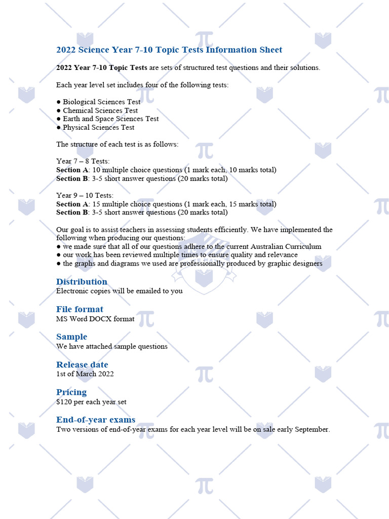 2022 Science Y7 10 Topic Tests Information 1 | PDF