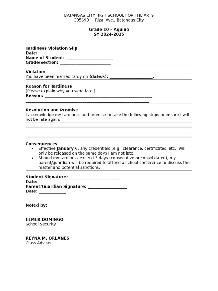 Tardiness Violation Slip | PDF