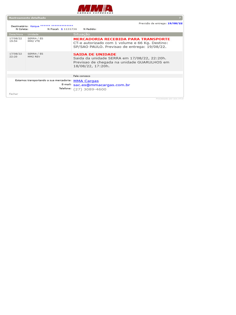 Rastreamento Detalhado - SSW Sistemas | PDF