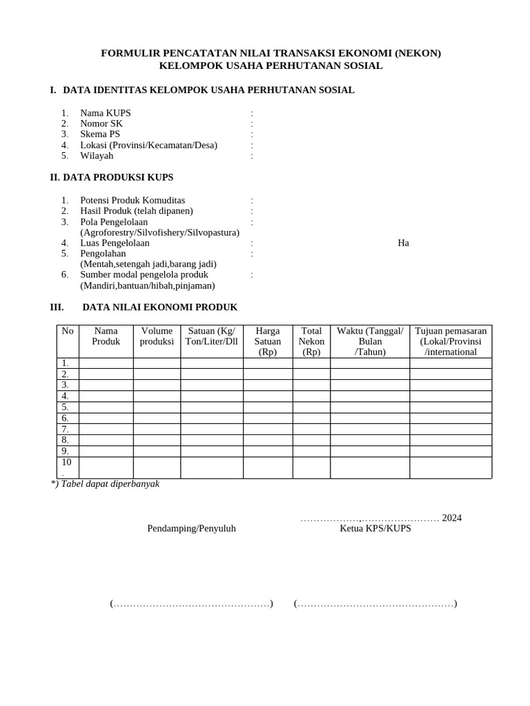 Formulir Pencatatan Nilai KUPS Perhutanan | PDF
