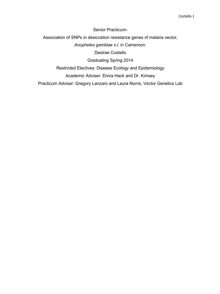 Costello Senior Practicum Final | PDF | Single Nucleotide Polymorphism | Malaria