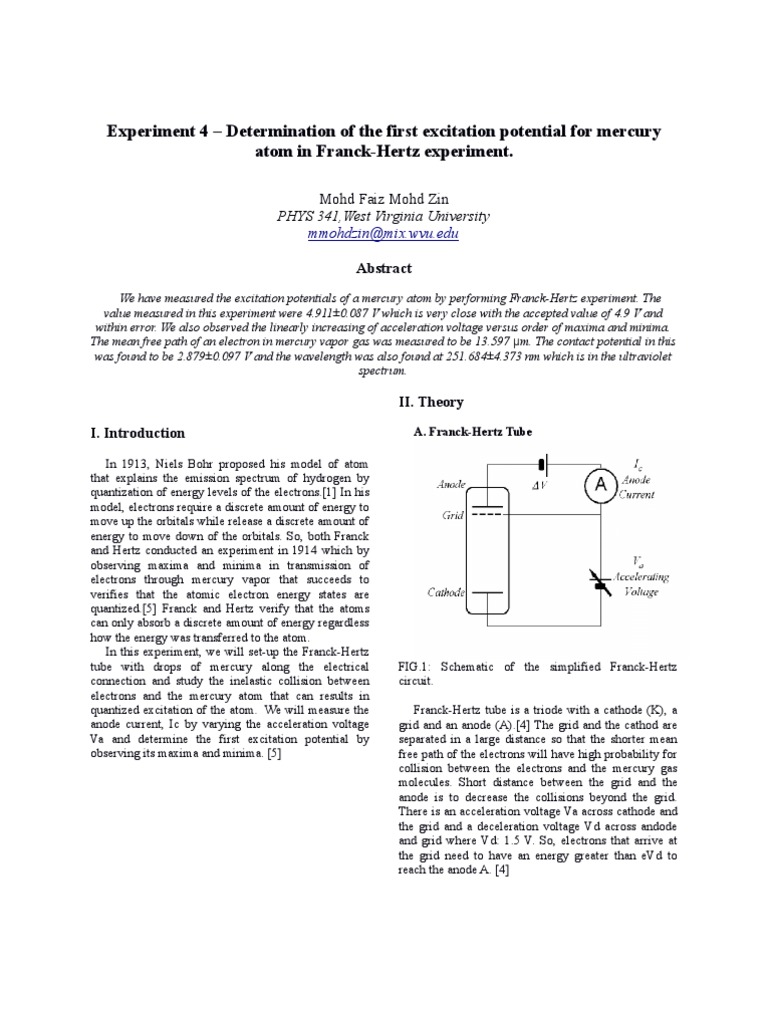 Determination Of The First Excitation Potential For Mercury Atom In
