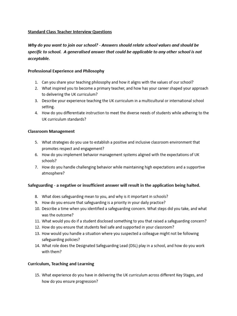Standard Class Teacher Interview Questions | PDF | Curriculum ...
