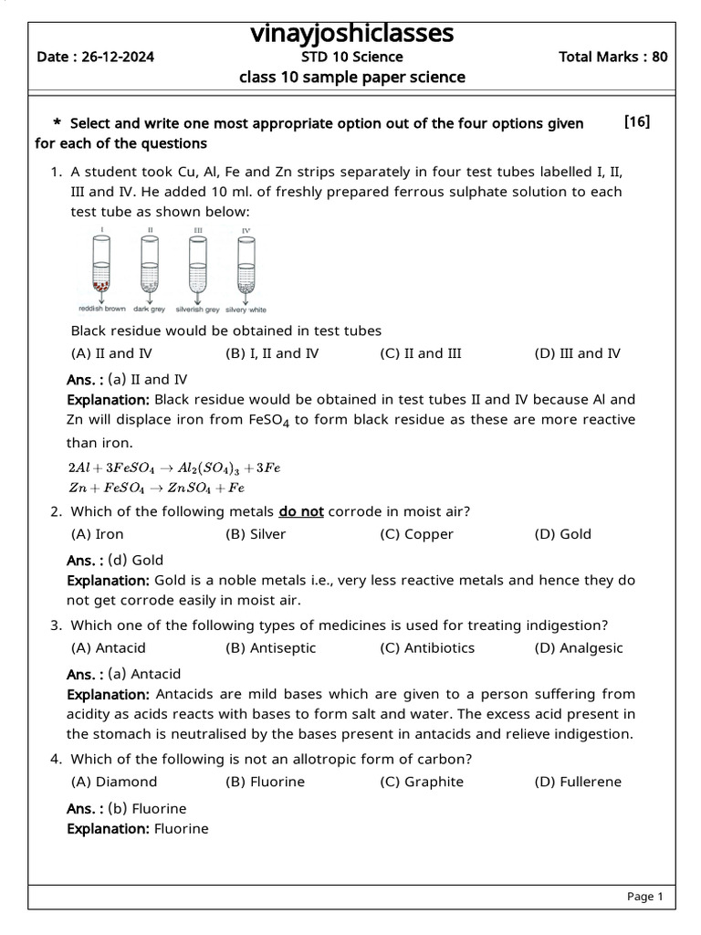 Class 10 Sample Paper Science - Solution | PDF | Detergent | Nutrition