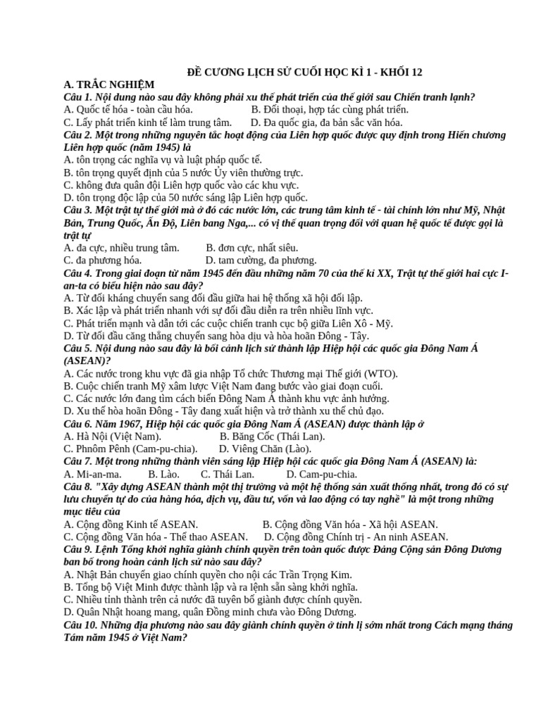 Khối 12 - Đề Cương Lịch Sử Cuối HK1 | PDF