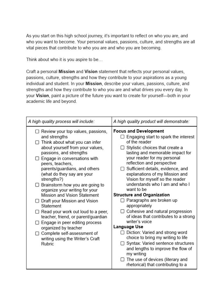 ELA 9 Personal Mission and Vision Statement | PDF | Syntax | Cognitive ...