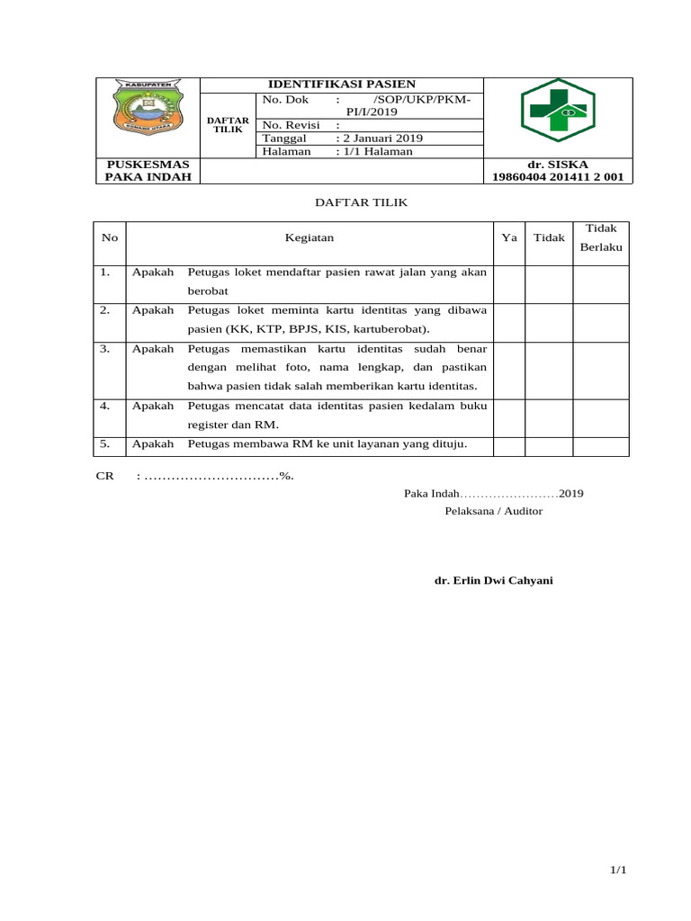 Daftar Tilik Identifikasi Pasien | PDF
