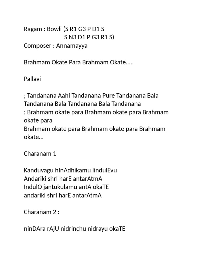 Annamayya's Ragam Bowli Lyrics | PDF