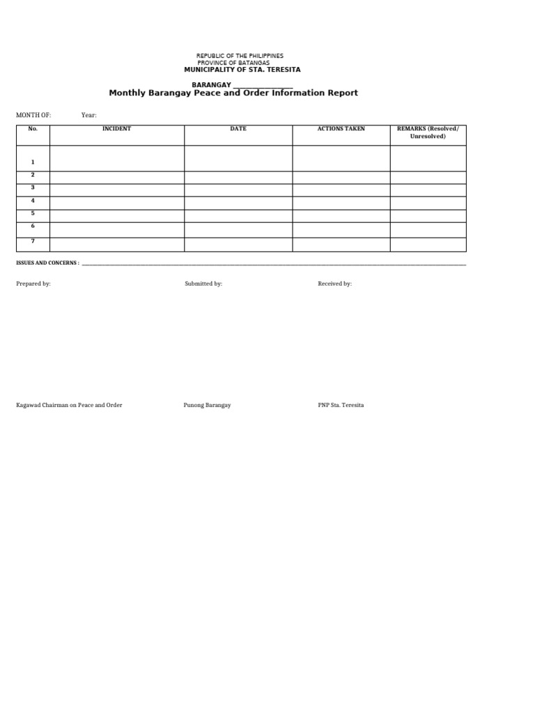 Barangay Peace and Order Information Report | PDF
