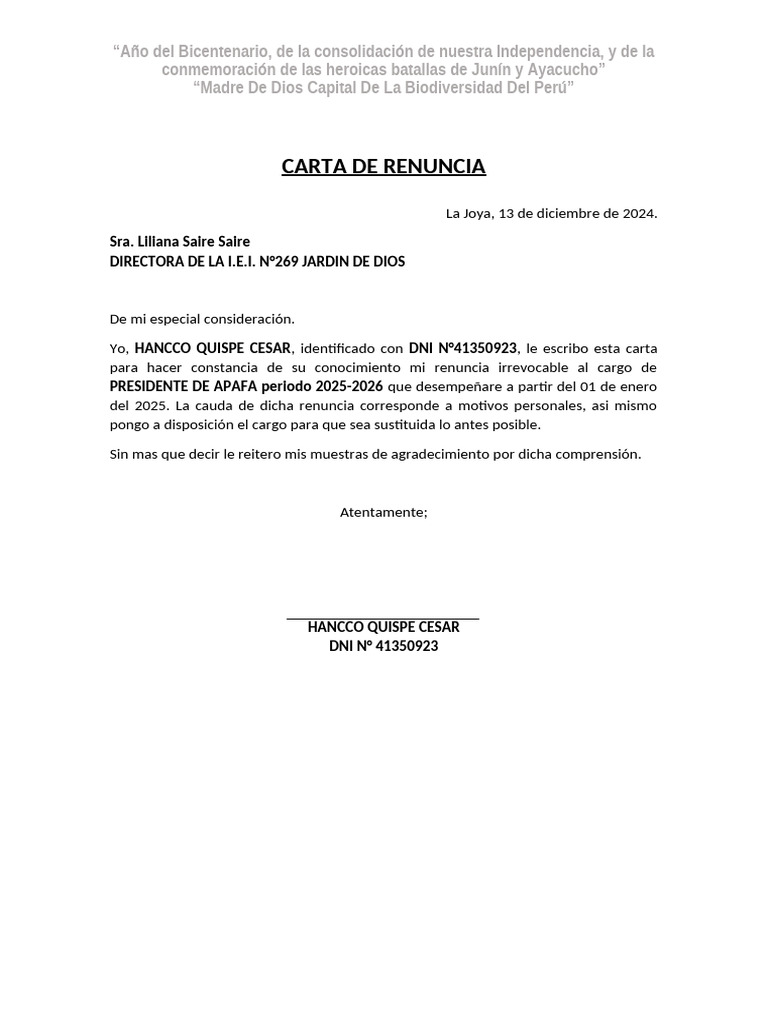 Carta de Renuncia A Apafa | PDF