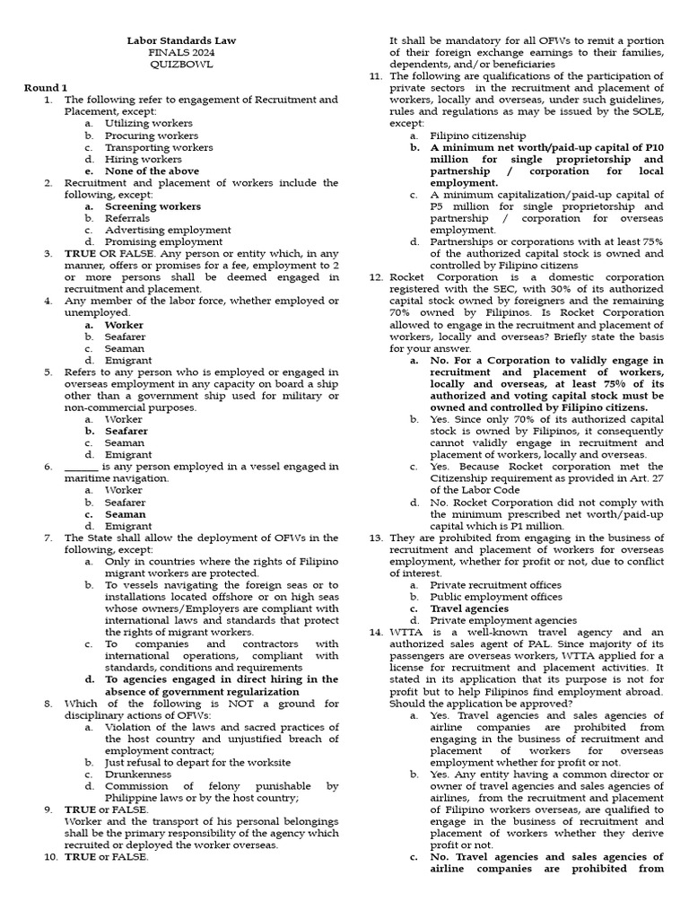 Labor Standards Law Quiz 2024 | PDF | Overtime | Employment