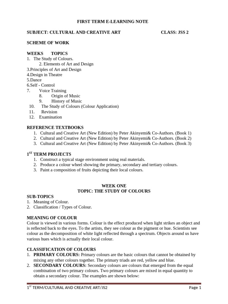 First Term Jss2 Cultural and Creative Art | PDF | Drawing | Sound