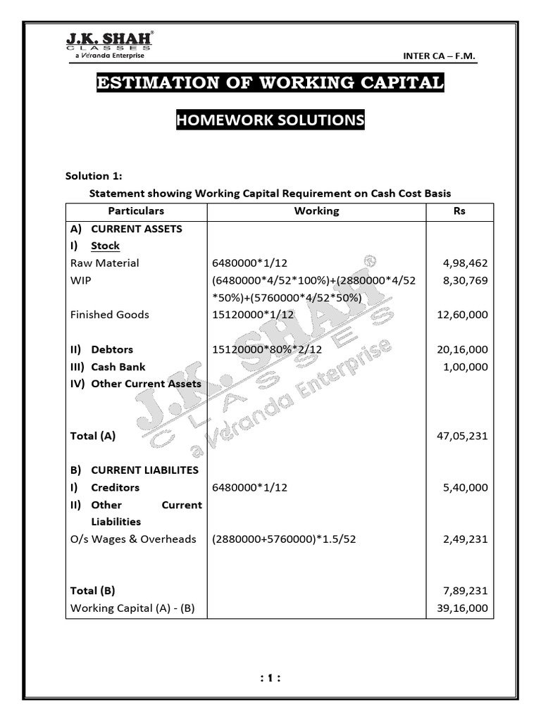 Estimation of Working Capital - Homework Solution | PDF | Working ...