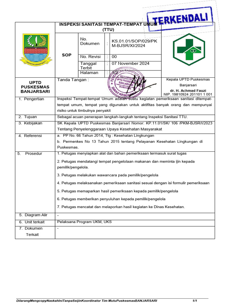 Sop Inspeksi Sanitasi Tempat-tempat Umum (Ttu) | PDF