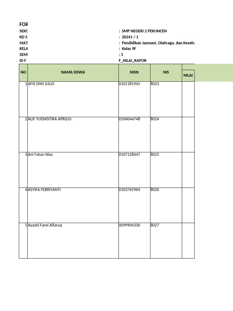 NIL - RAPOR - 20241 - 500010000 - Kelas 9F | PDF
