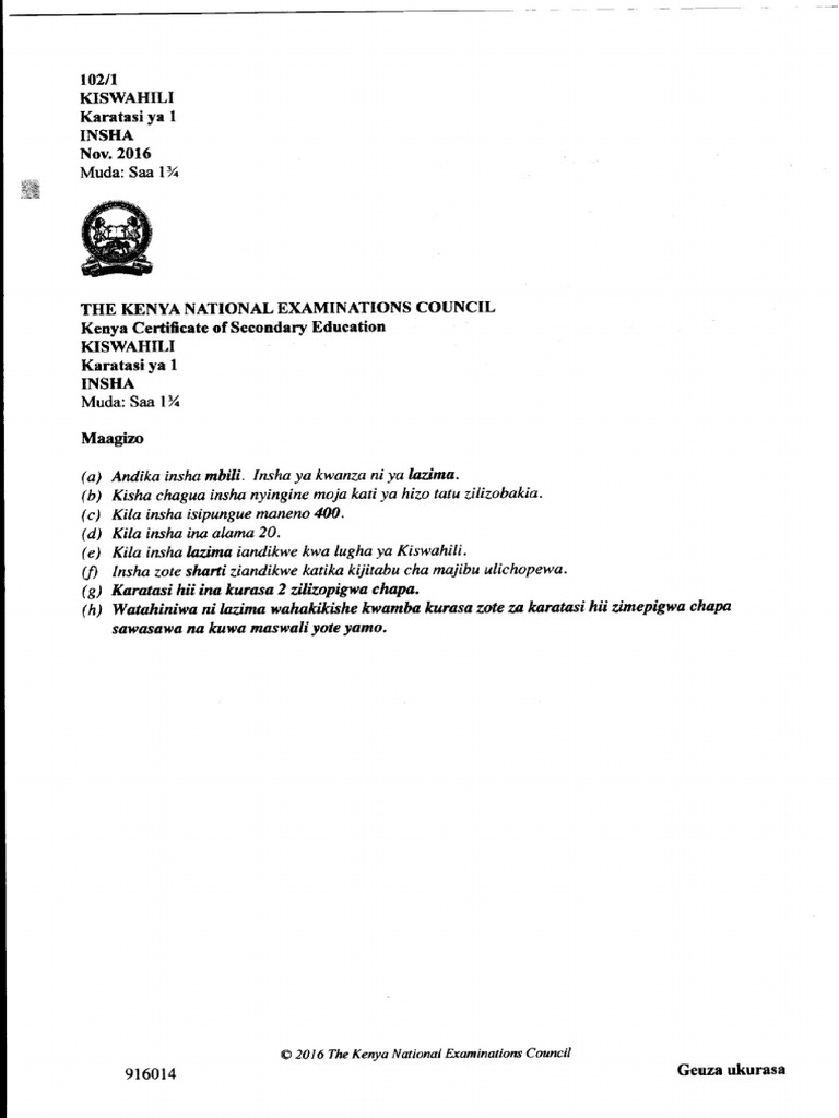 2016-KCSE-KISWAHILI-PP1 | PDF