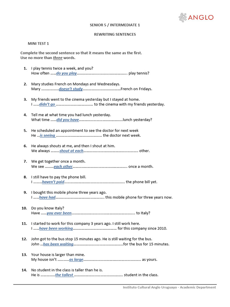 SENIOR 5 REWRITING SENTENCES Key | PDF