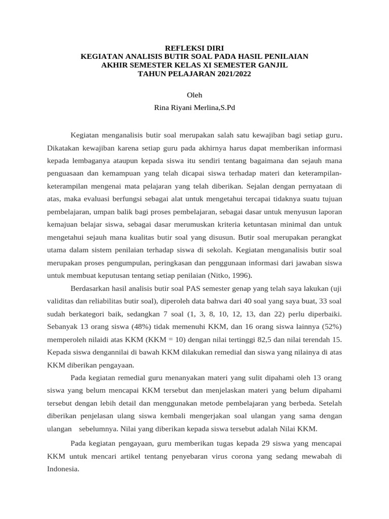 LAPORAN REFLEKSI DIRI - ANALISIS BUTIR SOAL - RINA RIYANI M, S.PD | PDF
