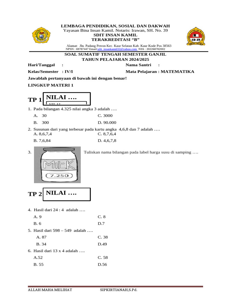 SOAL PTS MTK 2024 | PDF