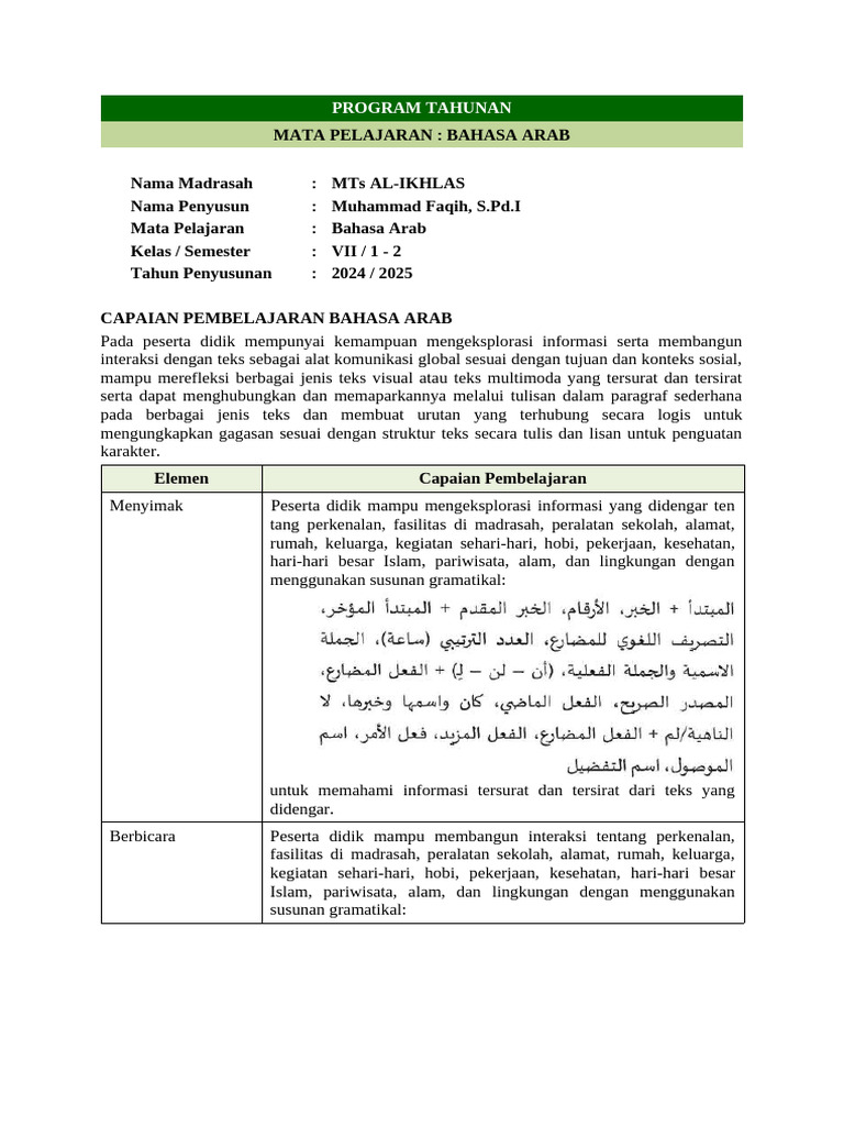 Prota Bahasa Arab 7 MTs | PDF