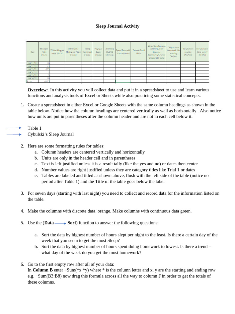 Sleep Journal Data Analysis Guide | PDF | Spreadsheet | Microsoft Excel