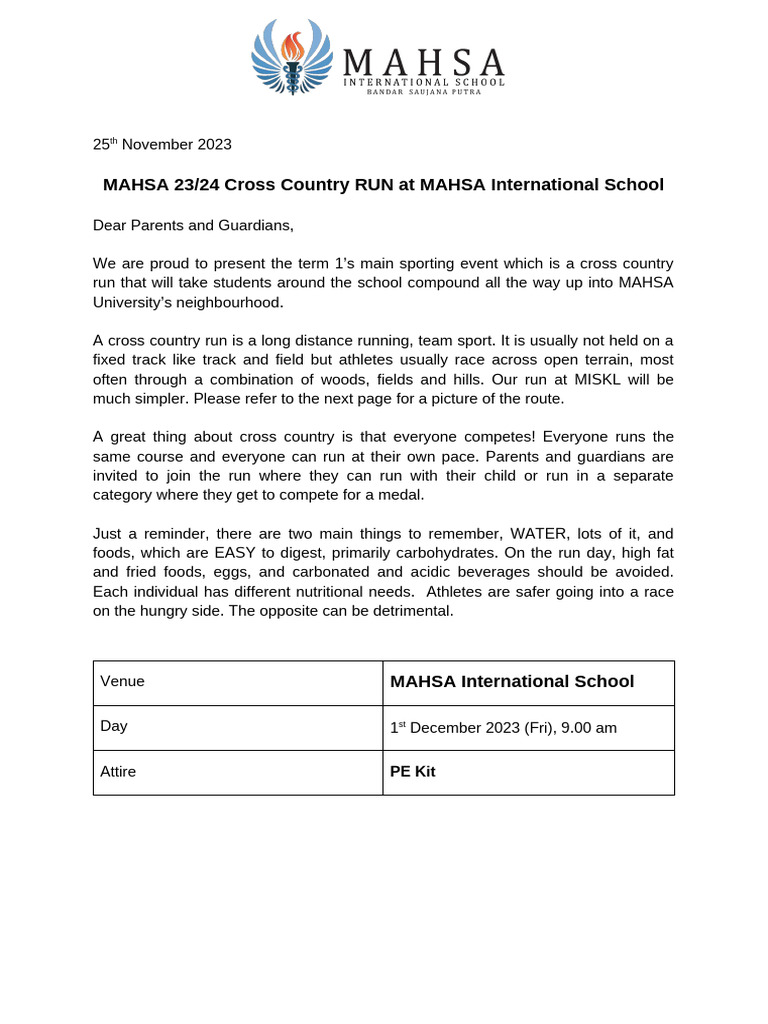 23.24 T1 Cross Country Letter To Parents | PDF