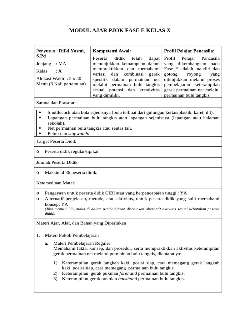 Pertemuan 9 Modul Ajar Pjok Fase e Kelas X | PDF