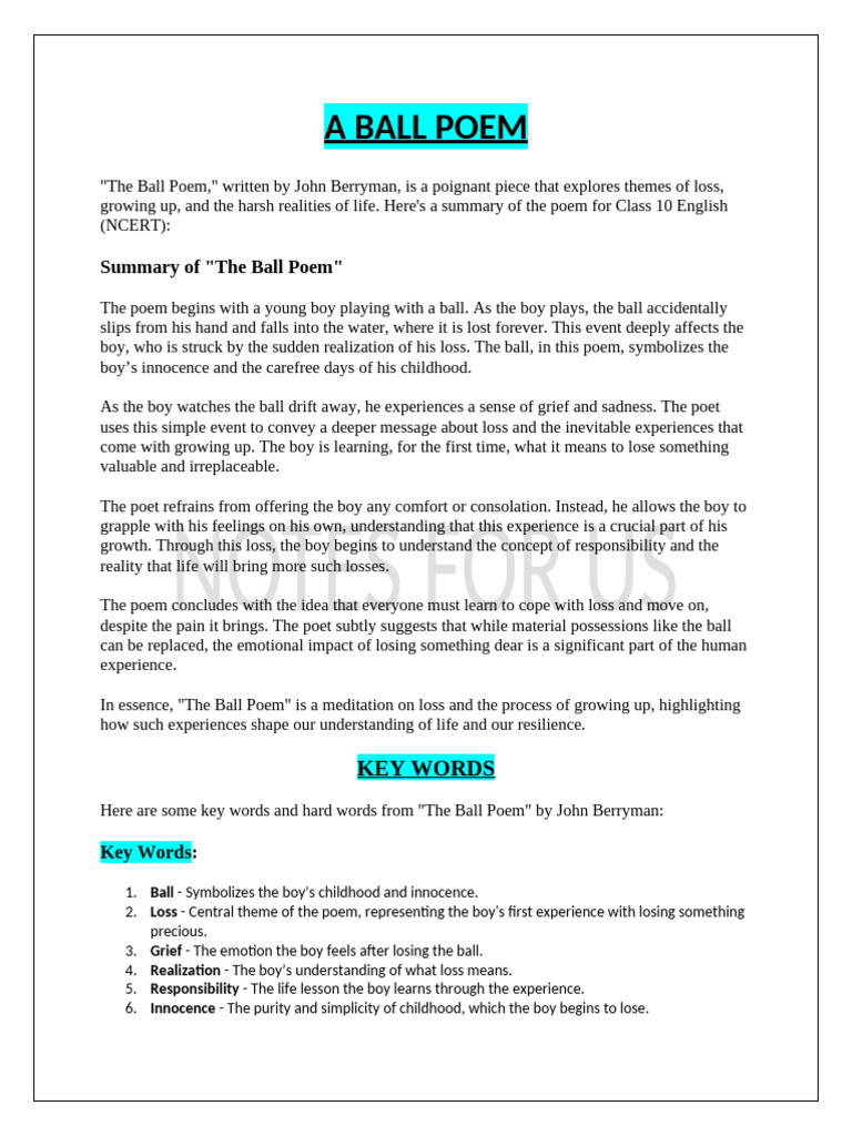 A Ball Poem Endlish Notes | PDF | Poetry | Experience