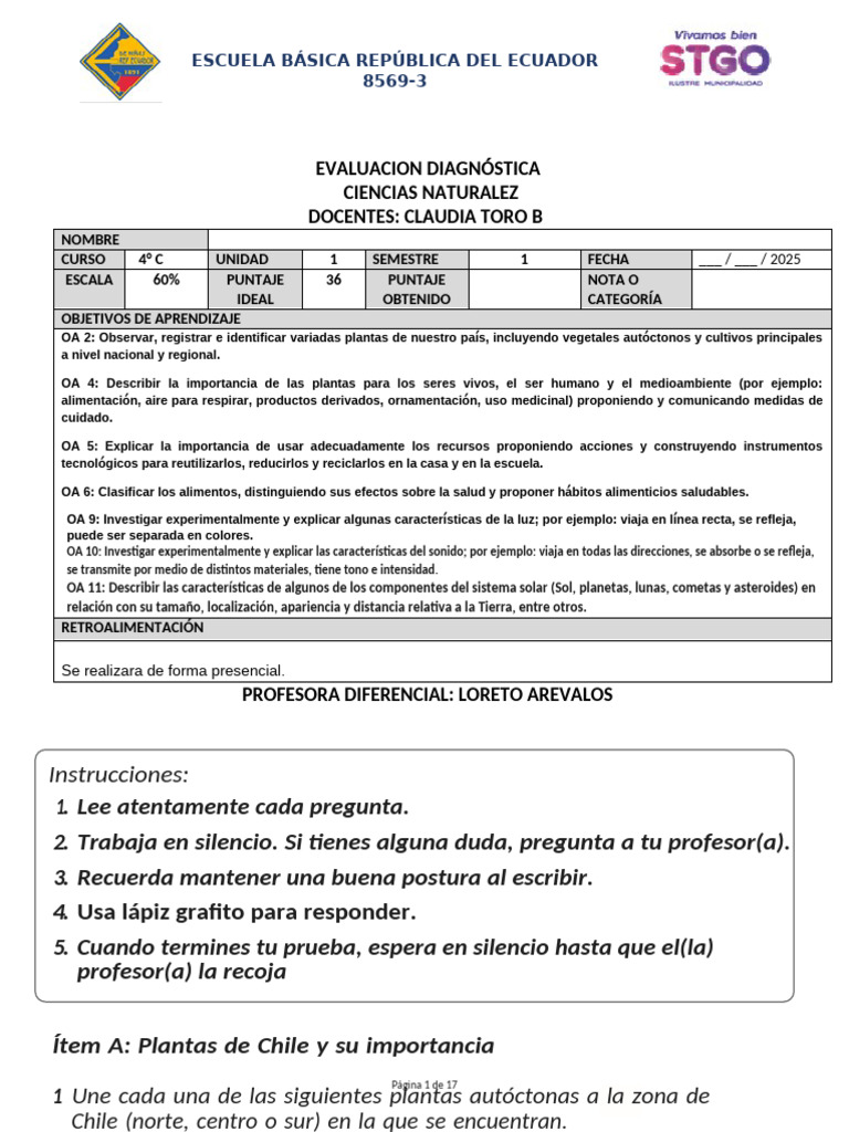 Evaluación Diagnóstica Ciencias Naturales 4° C | PDF | Tierra | Dom
