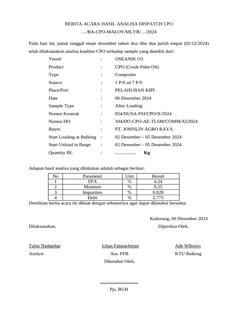 Berita Acara Hasil Analisa Dispatch Cpo - Copy | PDF