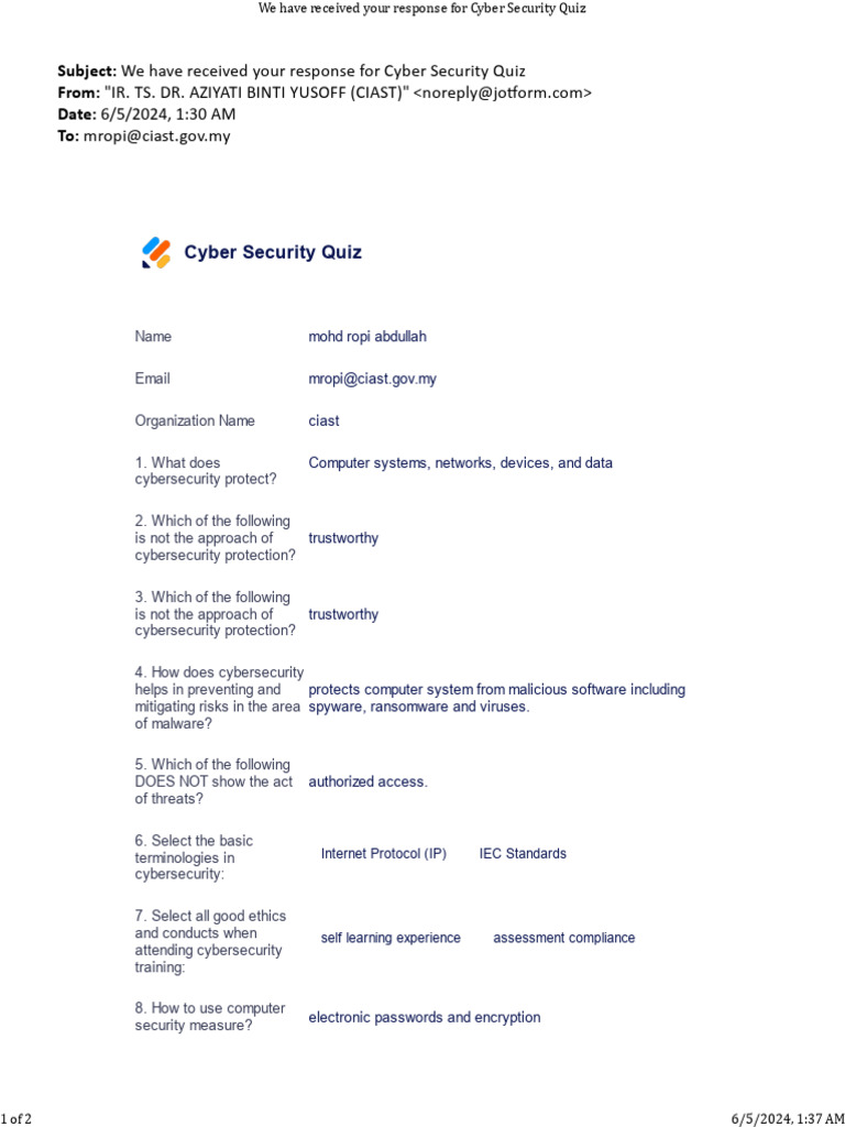 Cyber Security Quiz | PDF | Security | Computer Security
