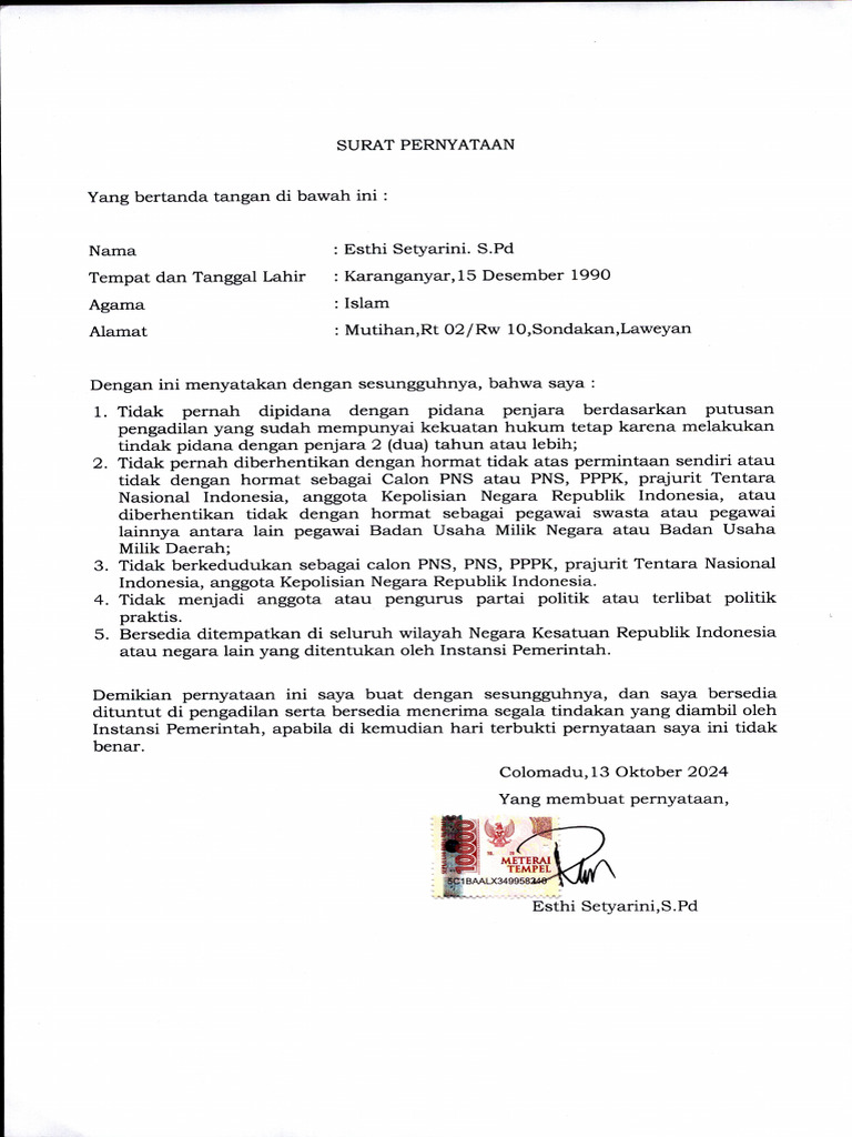 Surat Pernyataan Esthi 2024 | PDF