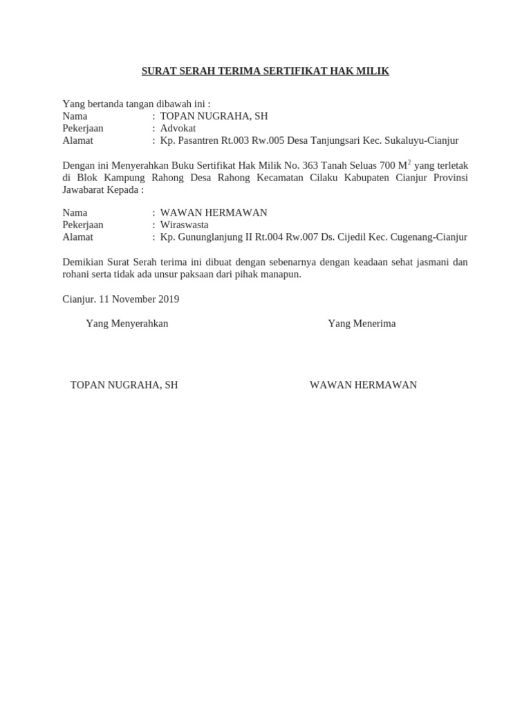 Surat Serah Terima Sertifikat Hak Milik | PDF