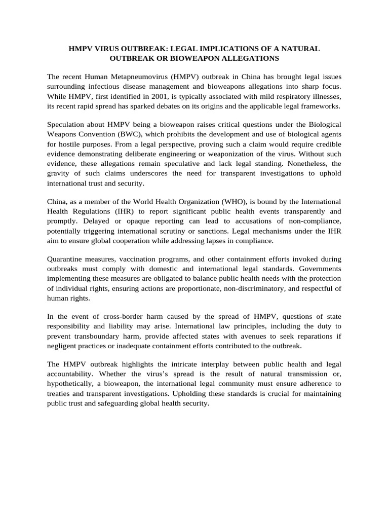 HMPV Virus Outbreak Legal Analysis | PDF | Public Health | Biological ...