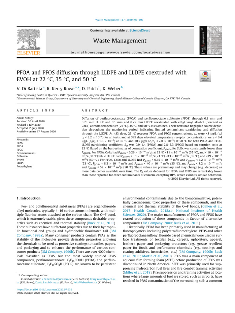 PFOA and PFOS Diffusion Through LLDPE and LLDPE Coextruded W 2020 Waste ...