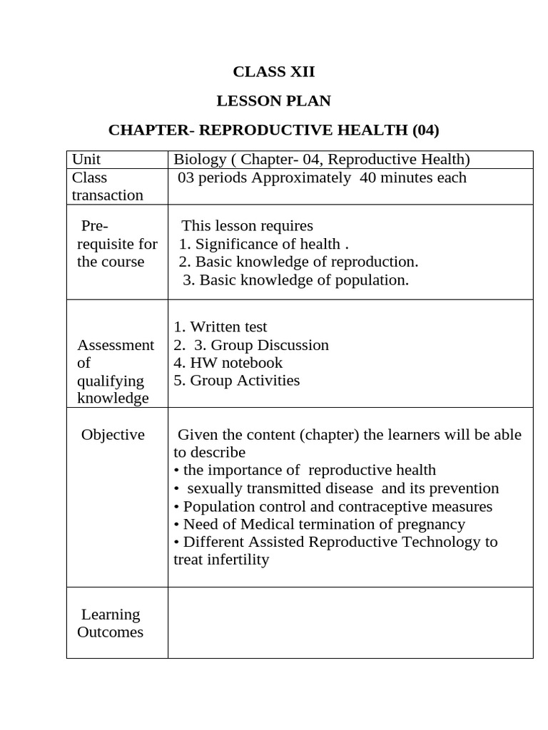 Lesson Plan OF Reproductive Health | PDF | Learning | Educational ...