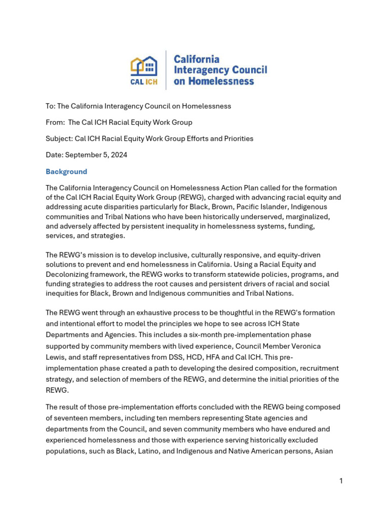 20240905_racial_equity_working_group_memo | PDF | Homelessness | Policy