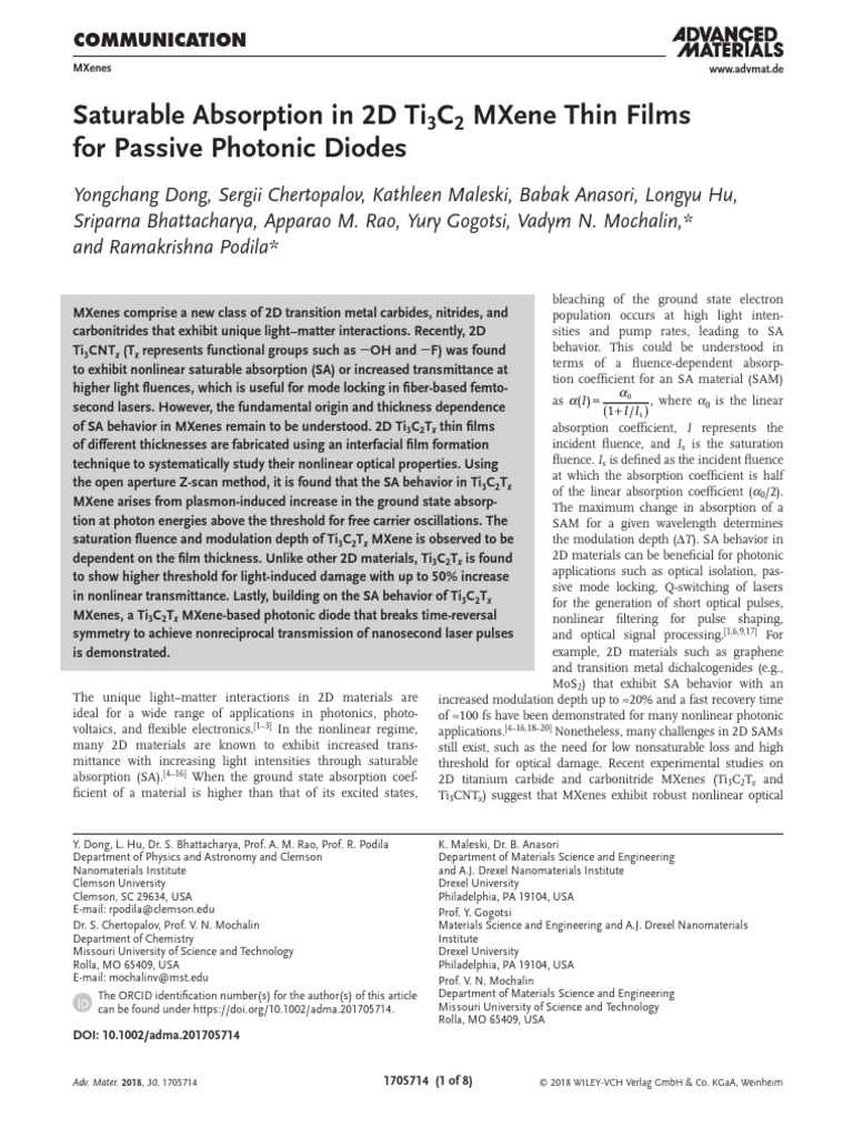 Advanced Materials - 2018 - Dong - Saturable Absorption in 2D Ti3C2 ...