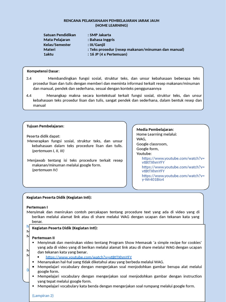 RPP Inspiratif PJJ BING Kelas IX KD 3.4 & 4.4 | PDF