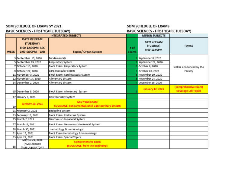 SOM. 1ST YEAR SCHEDULE OF EXAM. Copy For Students - SY 2021 | PDF