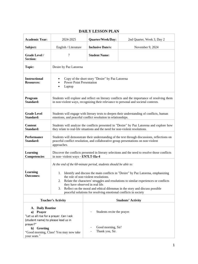 Lesson Plan - Literature | PDF | Feeling | Conflict Resolution