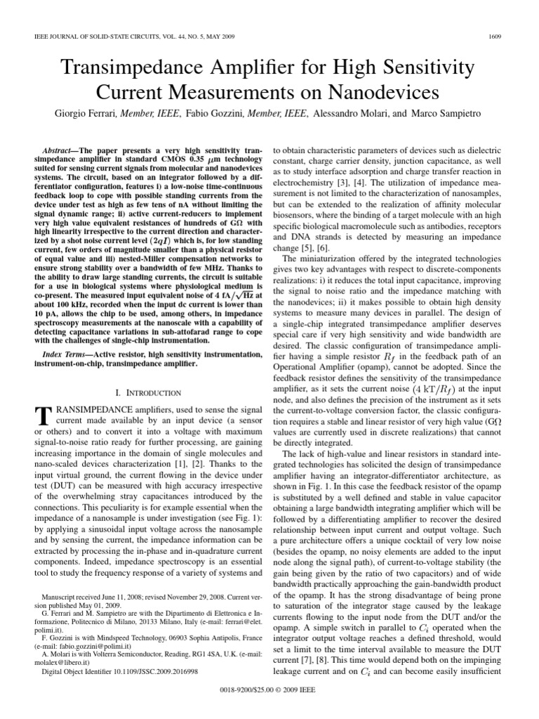 Transimpedance Amplifier for High Sensitivity Current Measurements on Nanodevices | PDF ...