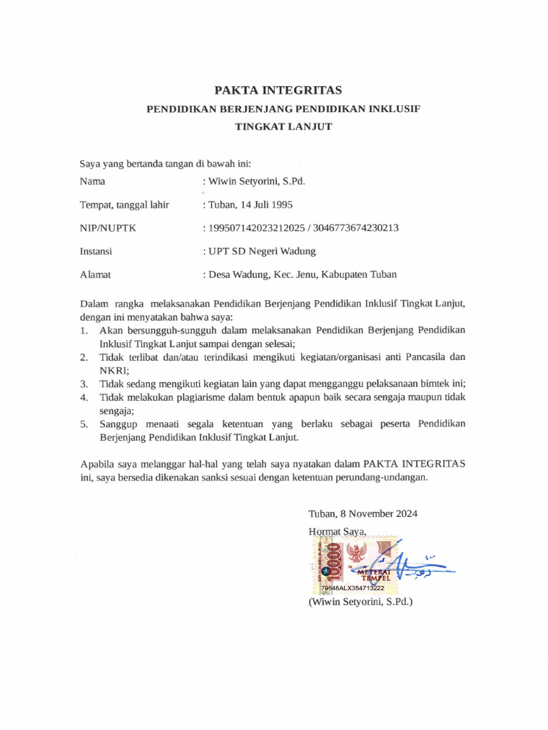 Pakta Integritas Bu Wiwin | PDF