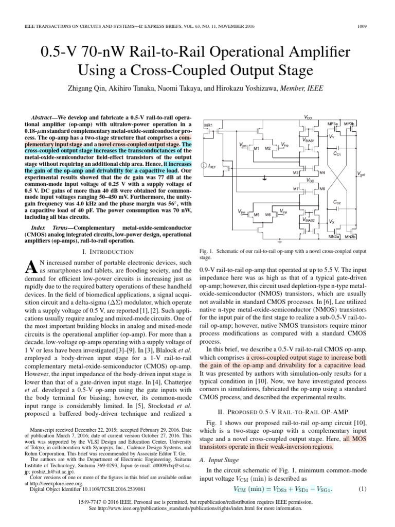 0.5-V 70-nW Rail-to-Rail Operational Amplifier Using A Cross-Coupled ...