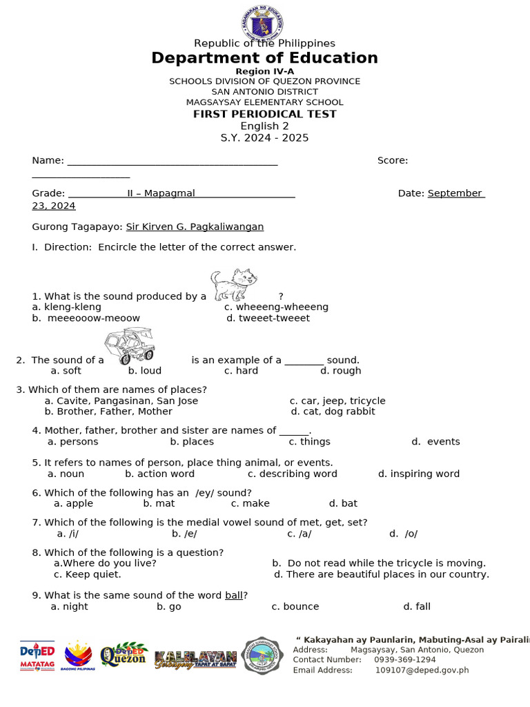 Grade 2 - First Quarter Examination | PDF
