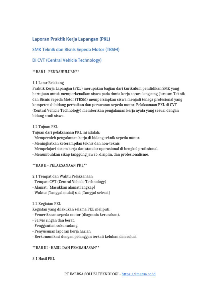 Laporan PKL SMK TBSM CVT | PDF