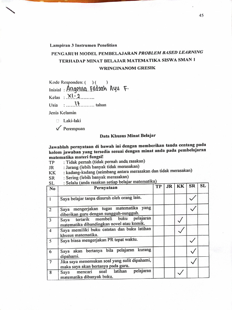 Instrumen Penelitian Kelas XI 2 | PDF