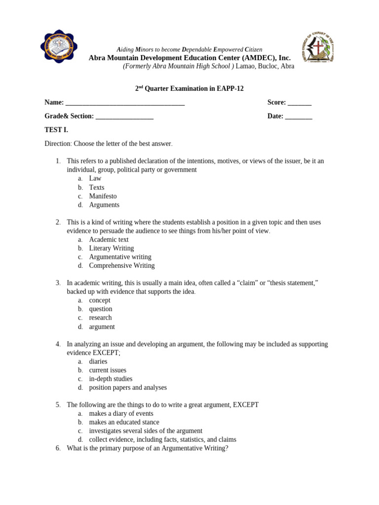 2nd Quarter Exam in Eapp-12 | PDF | Argument | Cognition